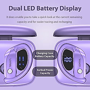 bmanl Wireless Earbuds Bluetooth Headphones 48hrs Play Back Sport Earphones with LED Display Over-Ear Buds with Earhooks Built-in Mic Headset for Workout Purple BMANI-VEAT00L