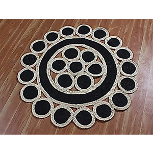 CASAVANI Cape Code Circle Area Rug - 6 x 6 Feet Beige Black Pattern Natural Jute Mat Ideal for High Traffic Area in Bedroom Bedside Round Dining Side Round Living Room Hallway and Kitchen Mat