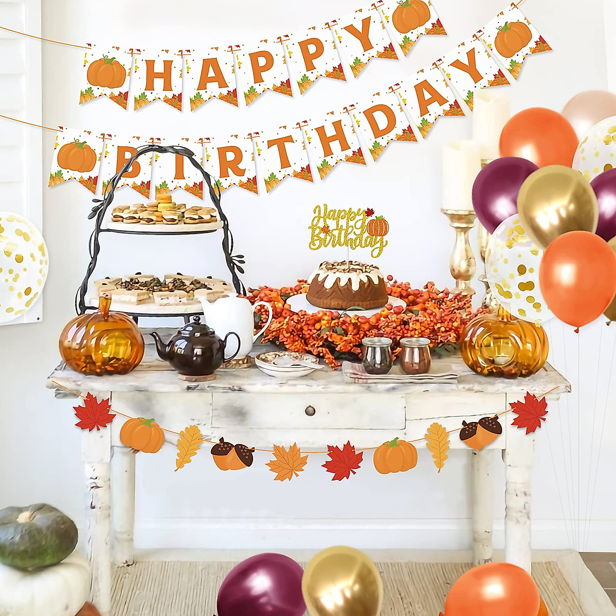 Pumpkin Birthday Decorations Supplies Fall Themed Happy Birthday Banner Fall Leaves Garland Pumpkin Cake Topper and Balloons for Autumn Fall Thanksgiving Birthday Party Favors Photo Props Backdrop