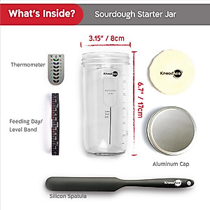 KneadAce Sourdough Starter Jar With Date Marked Feeding Band, Thermometer, Sourdough Jar Scraper, Sourdough Container Sewn Cloth Cover & Metal Lid, Sourdough Starter Kit For Sourdough Bread Baking