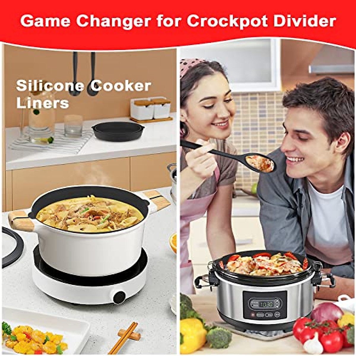 Silicone Slow Cooker Liners, SelfTek Reusable Liner Fits Crock-Pot &Hamilton Beach 7-8 Qt Oval, Foldable, Leakproof Dishwasher Safe Cooking Insert Includes Spoon - Black 1Set