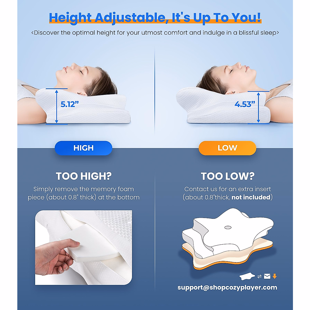 Ultra Pain Relief Cooling Pillow for Neck Support, Adjustable Cervical Pillow Cozy Sleeping, Odorless Ergonomic Contour Memory Foam Pillows, Orthopedic Bed Pillow for Side Back Stomach Sleeper