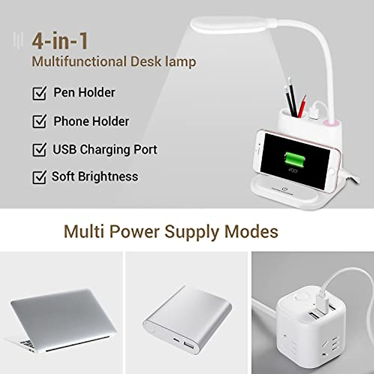 LED Desk Lamp, NovoLido Rechargeable Desk Lamp with USB Charging Port/Pen Holder/Phone Holder, Small Study Cute Lamp for Kids/Home/Office/Dorm, Flexible Portable Bedside Table Lamp for Reading (White)