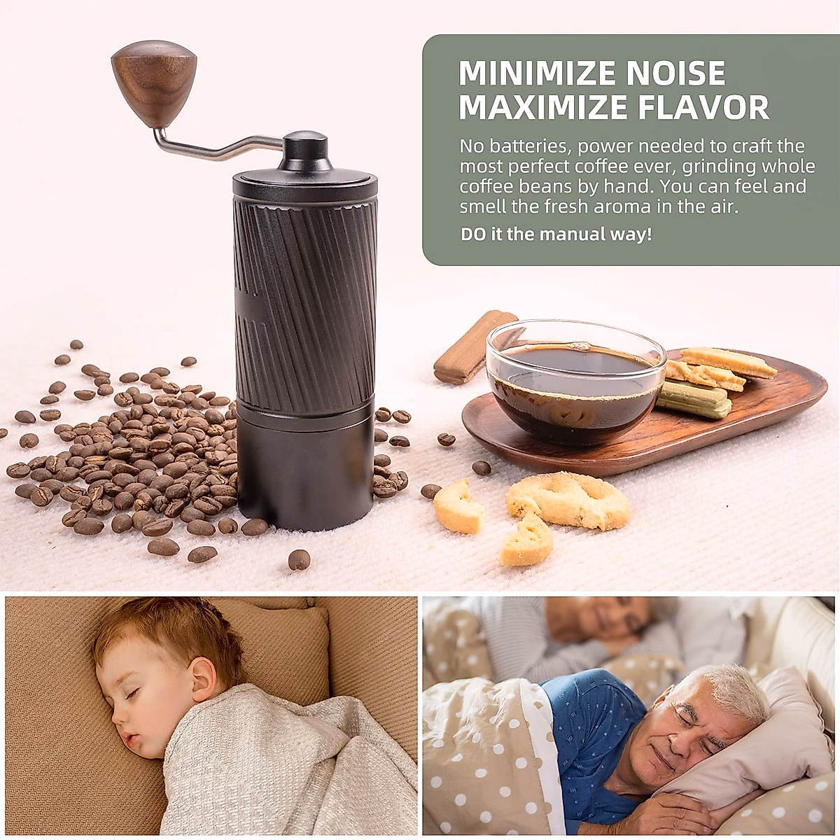 JELLYFISH Manual Coffee Grinder, SUS 420 Stainless Steel Conical Burr, 3-Bearing Fixing Shaft Coffee Grinder, Wood Knob, 30 Grind Settings for Espresso, Drip Coffee, French Presses