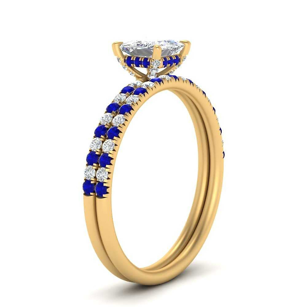 Jewelryonclick Princess Cut Hidden Halo Wedding Rings Yellow Gold Plated Created Blue Sapphire Princess Shape Blue Color Wedding Ring Sets Halo Setting in Size 7 Fashion Jewelry