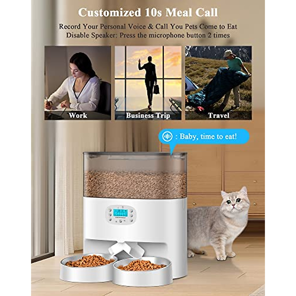 Automatic Cat Feeder, HoneyGuaridan 6L Pet Feeder for 2 Cats & Dogs, Auto Cat Dry Food Dispenser with Desiccant Bag, Timer Feeder Portion Control 1-6 Meals per Day, Dual Power Supply, Voice Recorder