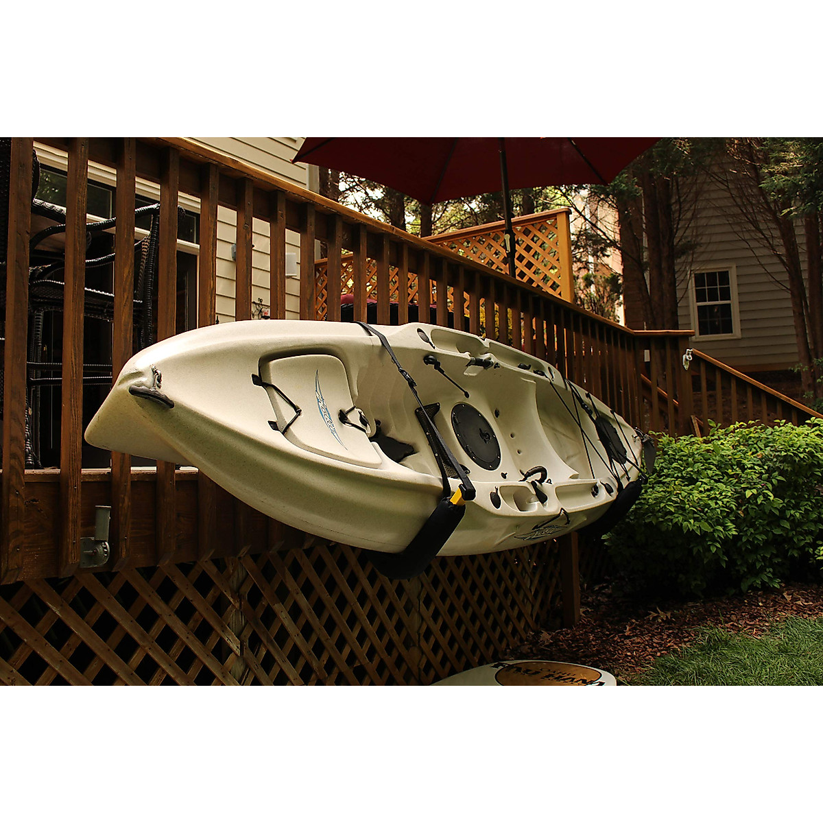 Suspenz Kayak Storage Rack, Big EZ Padded Wall Hangers/Hooks for Kayaks and Canoes, Indoor & Outdoor Wall Mounts, Powder-coated Steel with Foam Pads & Safety Straps, Holds up to 150 lbs (12-2499)