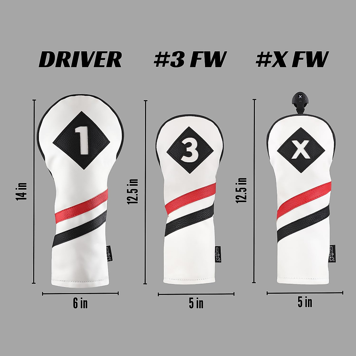 Majek Retro Golf Headcovers White Red and Black Vintage Leather Style 1 3 X Driver Fairway Woods Head Cover Classic Look