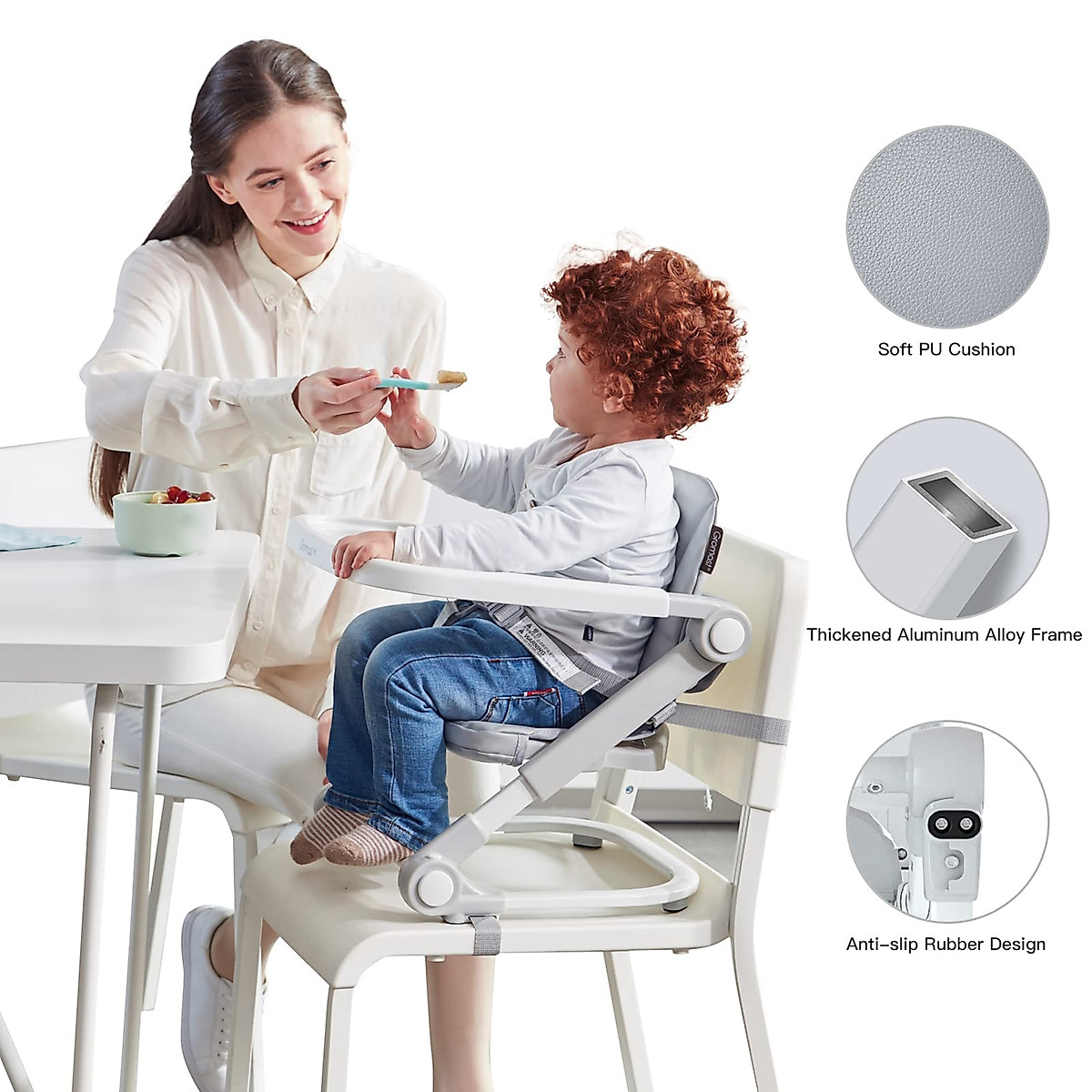 Toddler Booster Seat for Dining Table, Portable High Chair Travel Booster Seat with Aluminum Frame, Soft PU Cushion and Adjustable Height&Tray, Easy to Clean(Grey)