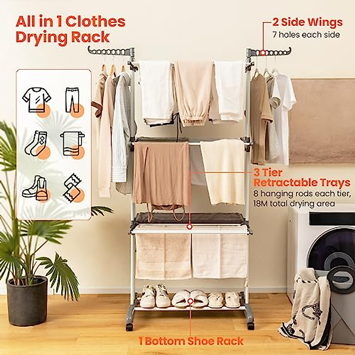 Tangkula 4-Tier Clothes Drying Rack, Collapsible Laundry Rack Stand with 2 Hanger Holders, 3 Tier Retractable Trays, 1 Bottom Shoe Rack, Movable Garment Drying Station with 4 Castors (Silver)
