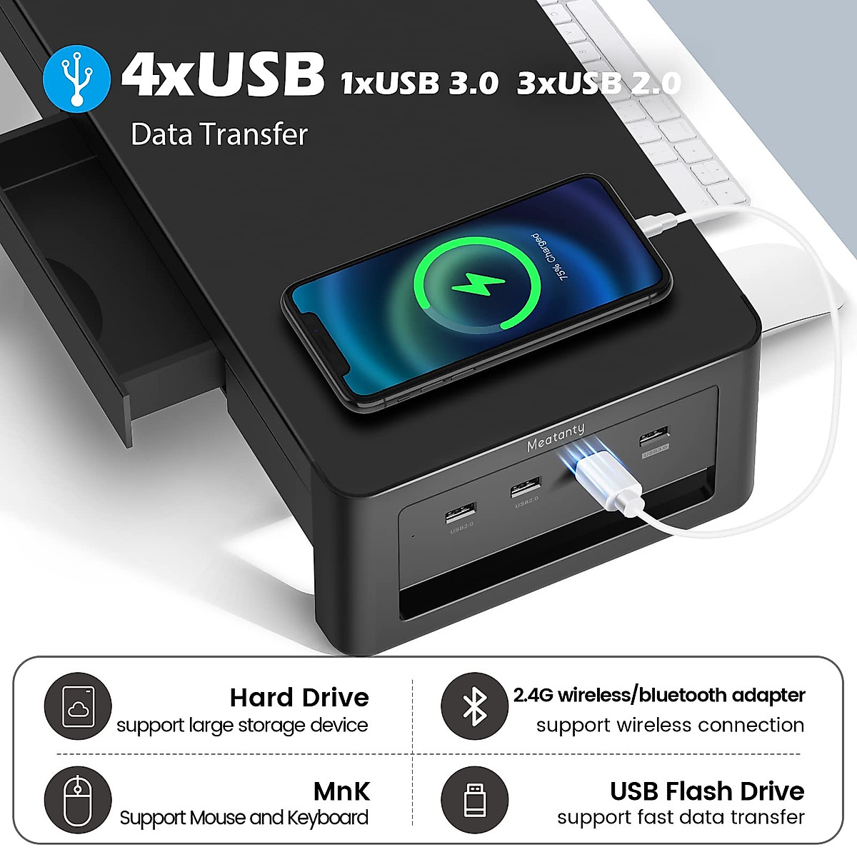 meatanty 2 in 1 Monitor Stand Riser with 2 Storage Drawers and 4 USB Ports, Metal Computer Monitor Stand Supports Transfer Data and Charging, Desk Organizer for PC,Laptop,iMac (21 inches)