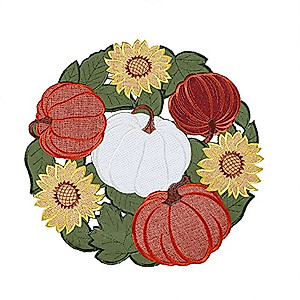 OWENIE Fall Pumpkins Placemats Set of 4,Thanksgiving Placemats with Embroidered Harvest Pumpkin and Leaves/Sunflowers, Fall Decor for Home, AutumnTable Mats, 15 Inch Round