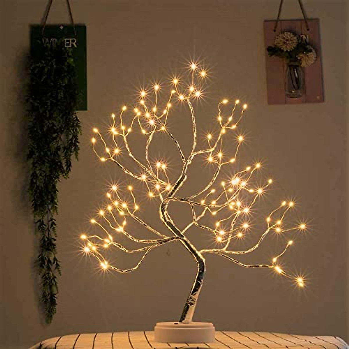 Bonsai Tree Light Silver Matte 20 Inches Artificial Tabletop Fairy Light Tree Lamp,Eight Lighting Modes,USB or Battery Operated with Timer,Decor of Bedroom,Living Room,Christmas (Warm White)