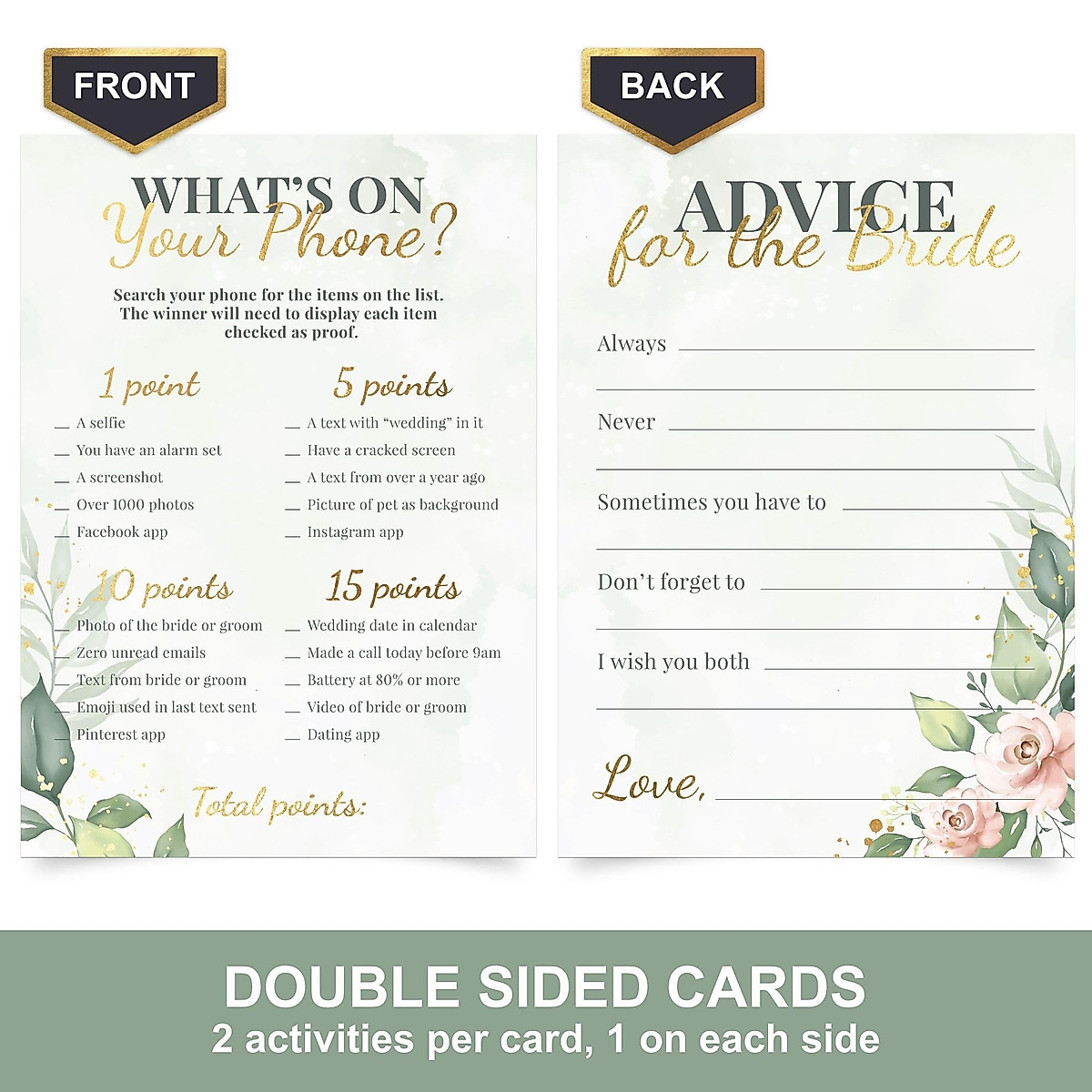 Bridal Shower Games + Advice Cards - For 30 Guests - 4 Activities on Double Sided Cards Includes 3 Games + 1 Advice Card - Greenery Floral Wedding Shower Games With Gold Metallic Details. Set of 4