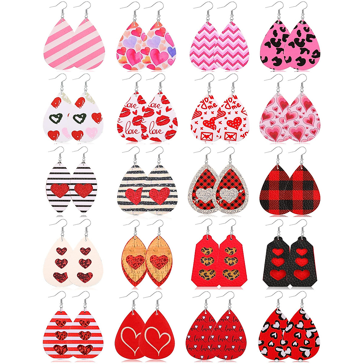 Honsny 20 Pairs Valentine's Day Faux Leather Earrings Set for Women Lightweight Teardrop Dangle Earrings Heart Stiped Water Drop Earrings