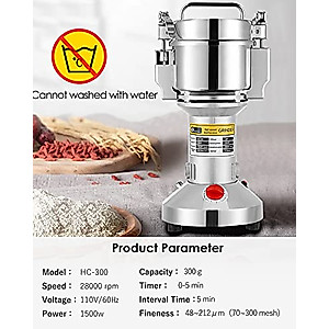 CGOLDENWALL 300g Electric Grain Mill Grinder Safety Upgraded Spice Grinder Pulverizer Stainless Steel Machine for Dry Spices Herbs Grains Coffee Seeds Rice Corn Pepper 110V