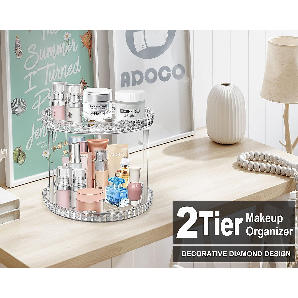 2 Tier Diamond Lazy Susan Bathroom Organizer Countertop, Clear 360 Rotating Cosmetic Makeup Organizer for Vanity, Skincare Organizers Perfume Organizer for Counter - Organization and Storage -9.25INCH