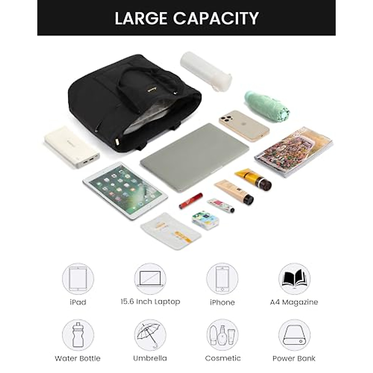 LOVEVOOK Tote Bag for Women Large Shoulder Bag, Lightweight Work Tote Bag for Teacher, 15.6 Inch Laptop Bag with Luggege Strap, fits College Business Daily Travel Black