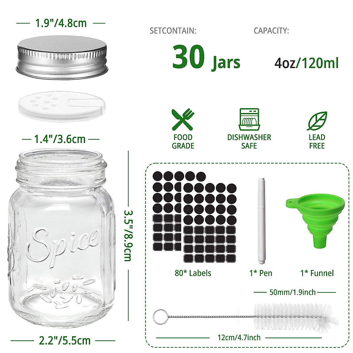 CycleMore 30 Pack 4oz Glass Mason Spice Jars, Round Spice Containers with Silver Metal Caps and Pour/Sift Shaker Lids-80pcs Labels,1pcs Silicone Collapsible Funnel,1pcs Brush and 1pcs Pen Included