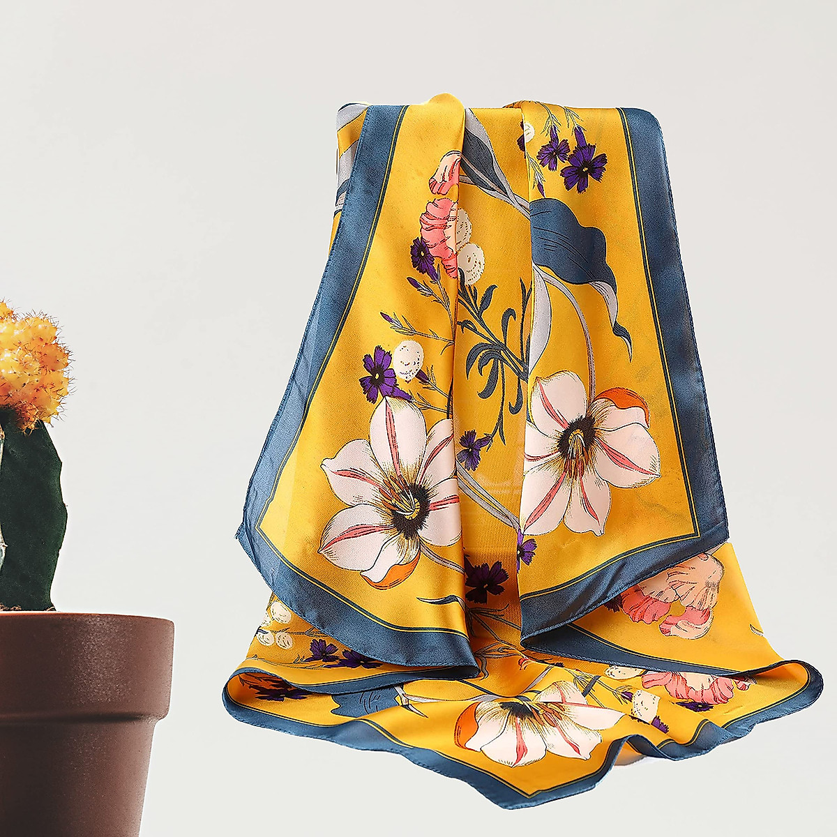 CHLINS 27 Inches Silk Feeling Square Head Scarf - 4 Pcs Satin Square Head Scarves for Women Hair Bandanas Head Kerchief Sleeping Wrap Neckerchief(Floral(White+Yellow+Black+Pink))