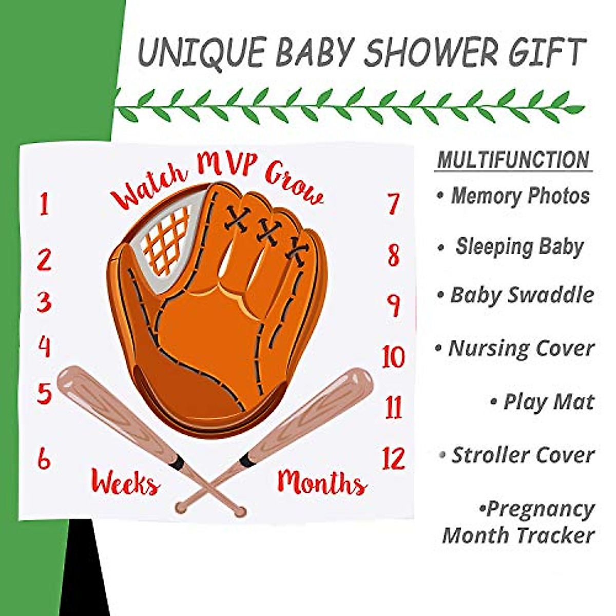 EARVO Baby Monthly Milestone Blanket, Photo Prop for Newborn Growth Photography, Baseball Month Blanket for Baby Boy Shower Gift Baby Growth Blanket boy, 40x40 inches, EADS254