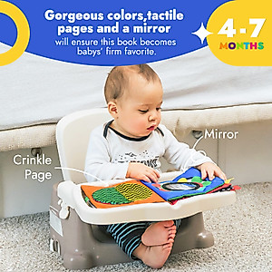 Papablic Luxury Baby Soft Book with Teether, High Contrast Black and White Crinkle Book for Early Education, Tummy Time Toys for Babies 0-12 Months with Baby Safe Mirror, Crinkle Pages and Squeaker