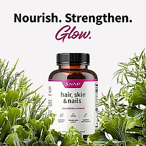 Snap Supplements Hair, Skin and Nails Vitamins, Support Hair Growth, Nourish Skin and Nails with Biotin, Collagen, Kelp, Bamboo and Other Vitamins, Radiant Skin, Strong Hair and Nails, 60 Capsules