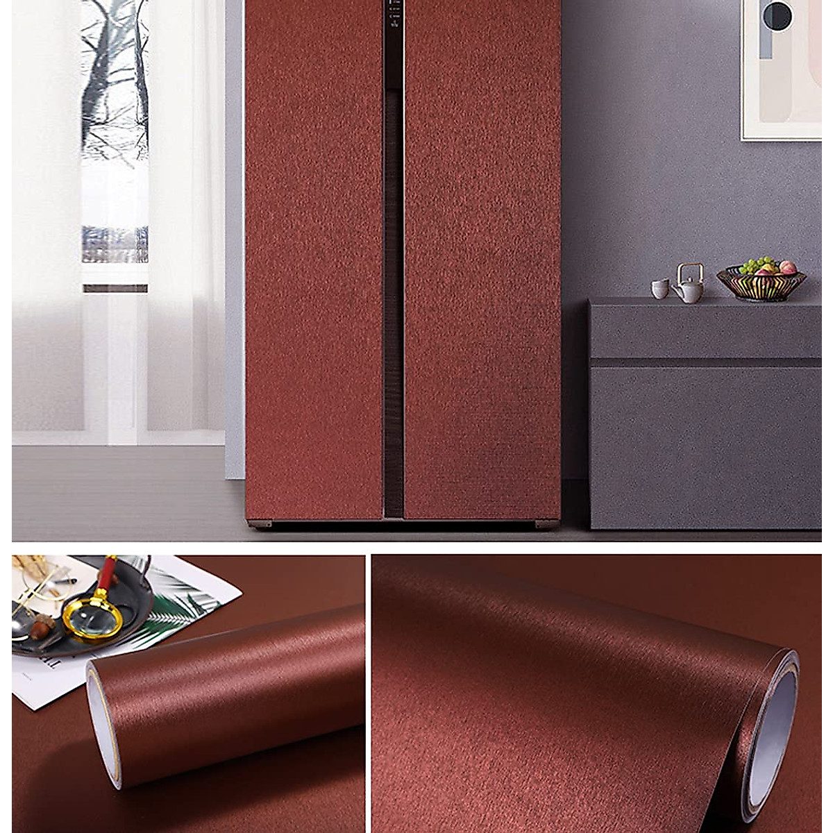 Maroon Metal Contact Paper 16" x 117" Peel and Stick Brushed Film Drawer Countertop Sticker Self Adhesive Shelf Paper Drawer Liner