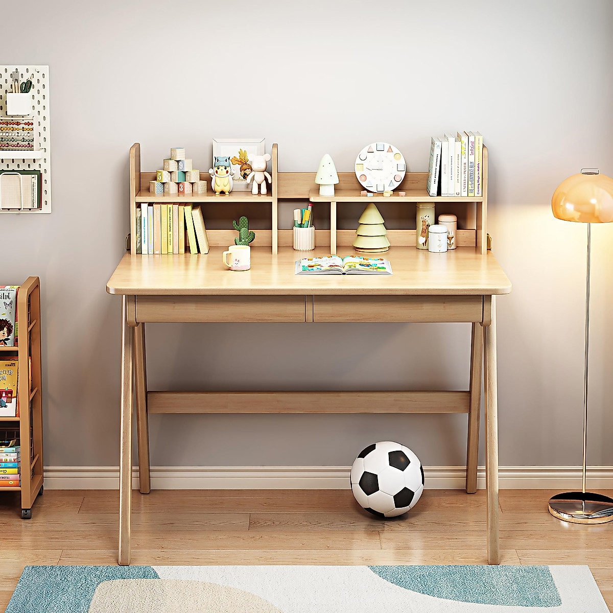 BALANBO Kids Desk Kids Table Rubber Wood Children’s Study Desk with Bookshelf and Two Drawers Desk for 3 Years Old and Above Student's Study Computer Workstation & Writing Table for Home Use(Nature