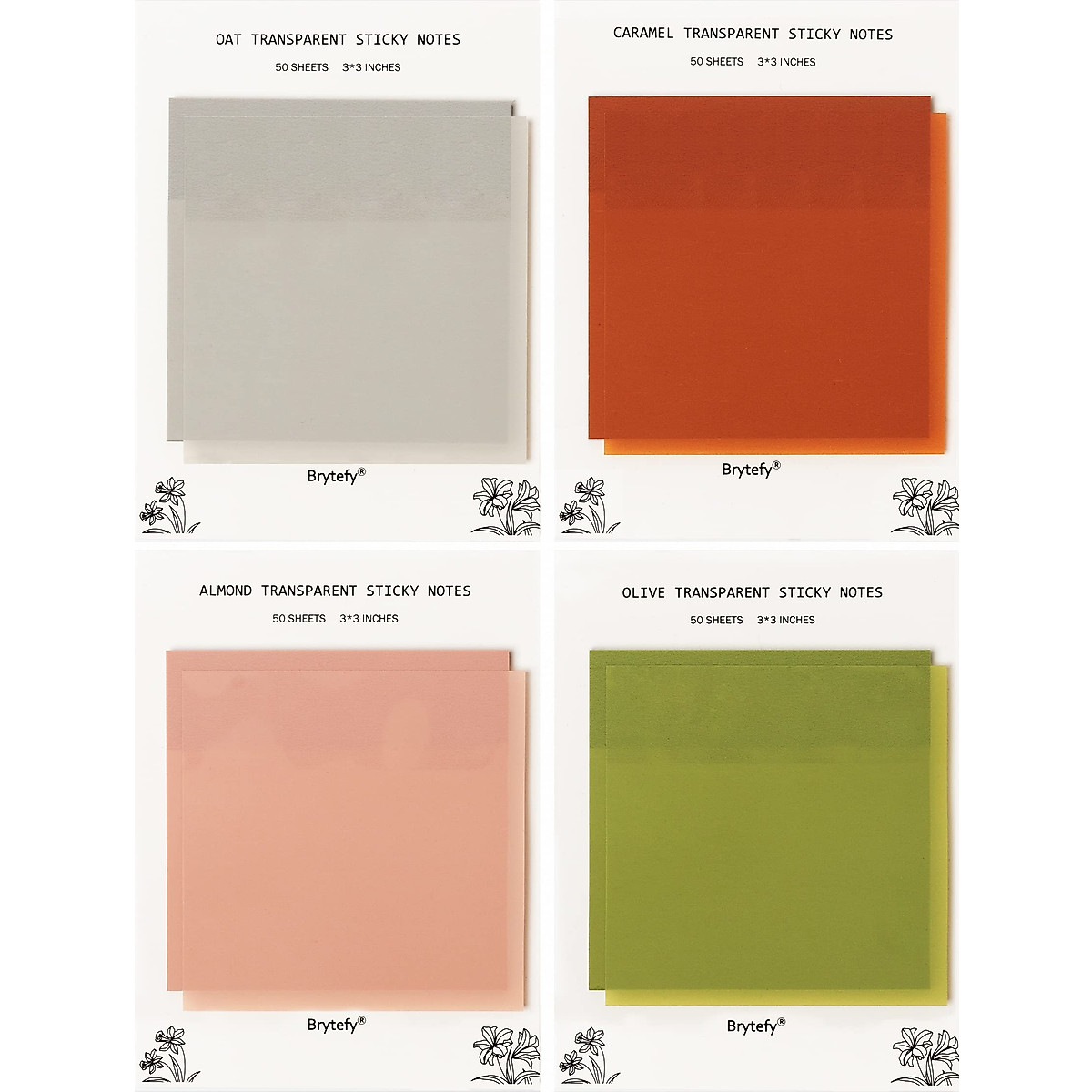 Earth Tone Transparent Sticky Notes, Set of 4 Pads 3''x3” Clear Sticky Tabs, Translucent Page Flags, Planner Accessories, Bible Journaling Study Office School Supplies (Earth Tone)