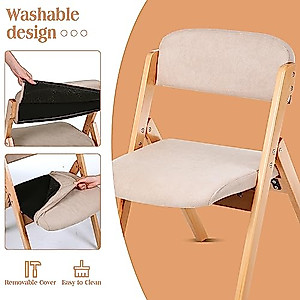 Kigley 2 Pack Folding Chairs with Padded Seats and Removable Cover, Wooden Foldable Dining Chairs Stackable Padded Single Folding Chairs for Home Office Wedding Party Events Indoor Outdoor, Khaki