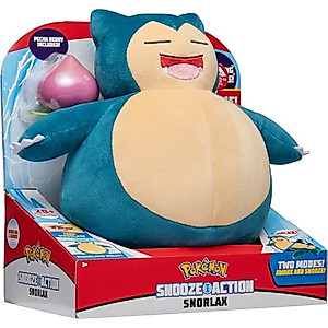 Pokemon Snooze Action Snorlax Plush, 10-Inch Plush Toy - Features Over 20 Authentic Snorlax Sounds, with 2 Modes of Play: Asleep & Awake, Plus Vibrating Belly - Eats Pecha Berry (Included)