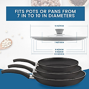 TOPULORS Universal Lid for Pots, Pans, and Skillets - Tempered Glass Lid with Silicone Rim Fits 8", 9", 9.5" Inner Diameter Cookware Frying Pan Cover Replacement Lid - Dishwasher Safe, Grey