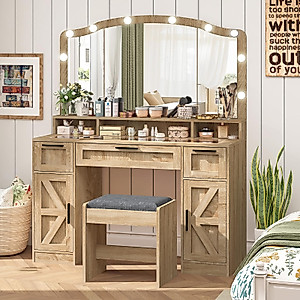 usikey Farmhouse Vanity Desk with Large Lighted Mirror and 10 Lights, 43.3" Glass Tabletop Makeup Vanity with 3 Drawers, Large Vanity Tabel Set with Long Storage Shelf, 2 Cabinets and Stool, Maple