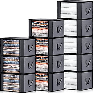 12 Pack Jumbo Clothes Storage Bins Bags 90L Large Capacity Blanket Organizer Containers, Foldable Storage Closet Containers with Clear Window Handle for Organizing Clothing Bedroom Comforter (Grey)