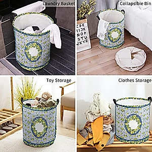 Laundry Basket Blue Tiles Yellow Lemons Green Foliage,Waterproof Collapsible Clothes Hamper Farm Fruits Summer Plants,Large Storage Bag for Bedroom Bathroom 16.5x17In