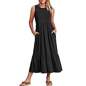 ANRABESS Women's Casual Summer Sleeveless Ruffle Sundress Round Neck A-Line Pleated Maxi Dress with Pockets 499heise-XXL Black