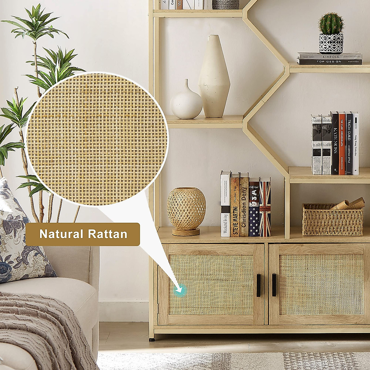 Rattan Bookshelf with 1 Natural Rattan Storage Cabinet and 7 Open Display Shelves, 7 Tier Bookshelf w/Adjustable Shleves & Foot Pad for Living Room, Bedroom, Office, Metal Shelves, Natural