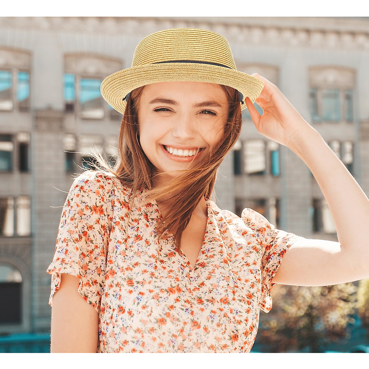 Men/Women Summer Straw Pork Pie Hat Boater Derby Fedora Sun Hats with Bowknot(S/M)