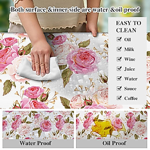 LALILO Pink Picnic Table Cover with Bench Covers, Rose Flower Waterproof Outdoor Table Cover, Floral Romantic Fitted Tablecloths for 6 Foot Rectangle Tables, 72In