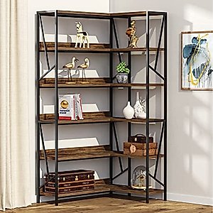 Sengroce 76.8" Corner Bookshelf, 6 Tier Industrial Bookcase with Protective Panel Etagere Book Shelves Storage Rack with Metal Frame for Living Room Home Office