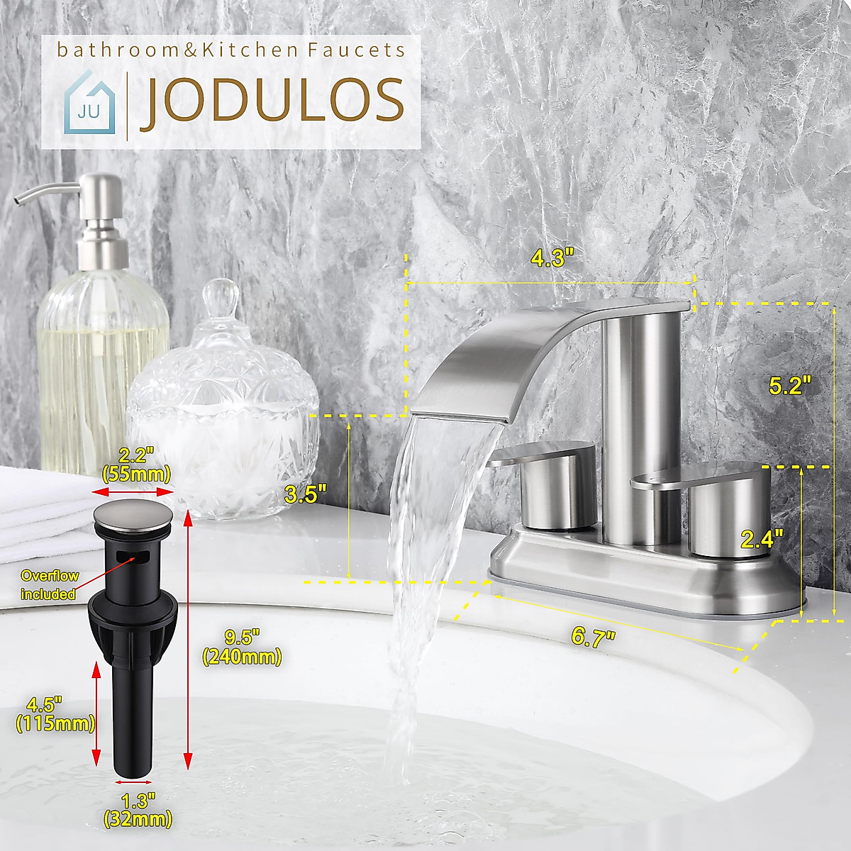 Jodulos 4 inch Centerset 3 Hole Bathroom Faucets Brushed Nickel, Center Set Faucet with cUPC Supply Lines, 2 Handle Waterfall Bathroom Sink Faucet with Pop Up Drain Stopper JU-DE-201-BN