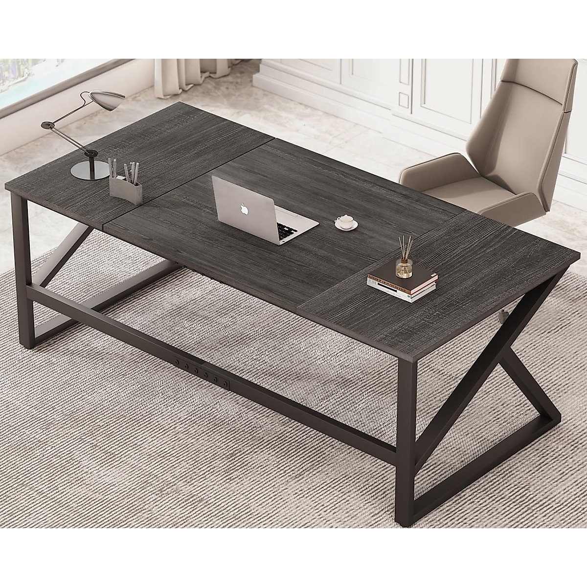 IBF Long Desks for Home Office, Large Metal Wooden Computer Desk for 2 Monitors, 70 Inch Two Person Desk for Executive Work Writing Study Gaming, Industrial Modern Big Double Desk, Dark Gray Oak