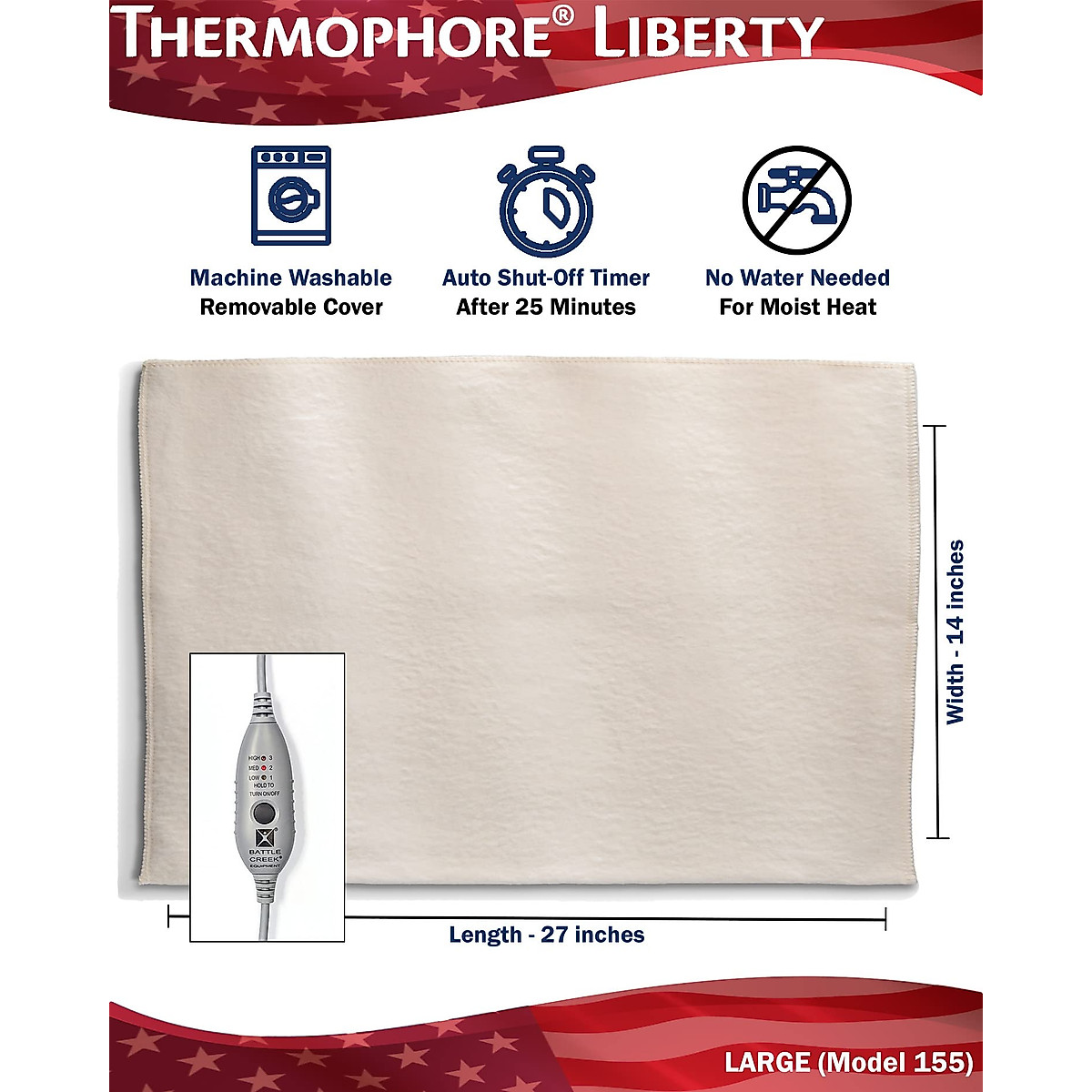 Assembled in The USA - Thermophore Liberty 2 - Moist Heating pad for Arthritis, Back, Neck, Shoulder Pain and Cramps Relief - Electric, 3 Temperature Settings with auto Shut Off, Large 14" x 27"