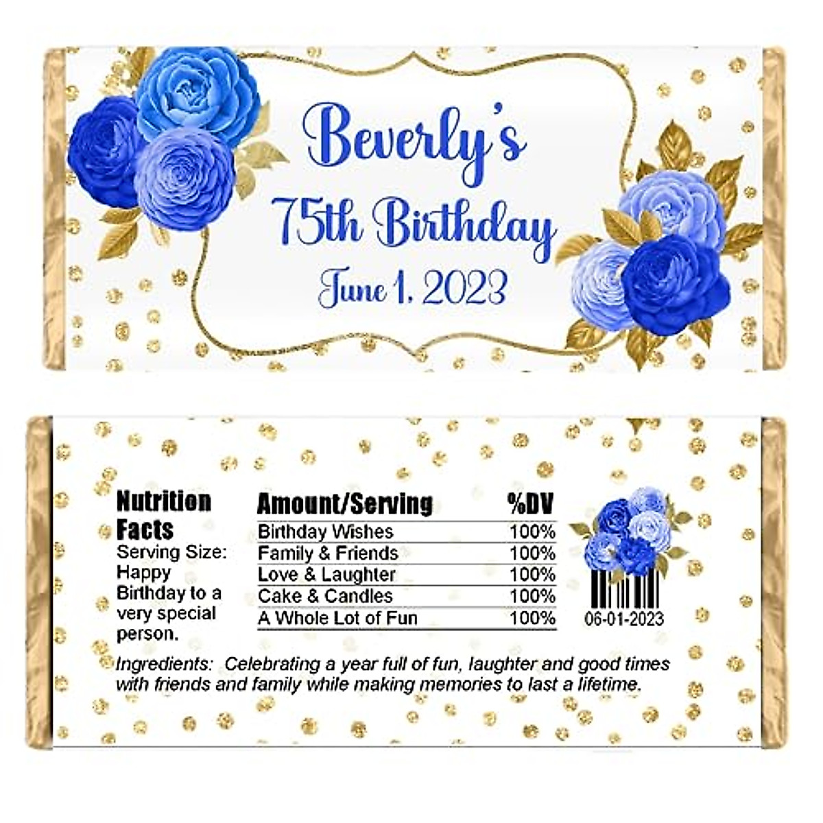 Personalized Candy Wrappers for Chocolate, Floral Party Favors, Pack of 20 Custom Hershey Bar Labels (Blue/Gold)