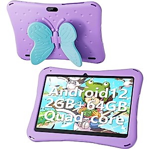 SGIN Tablet for Kids, 10 Inch Android 12 Kids Tablet with Kids Case, 2GB RAM 64GB ROM, 5000mAh, 1280 * 800 Display, Dual Camera, WiFi, Educational Games, Blue Butterfly Handle