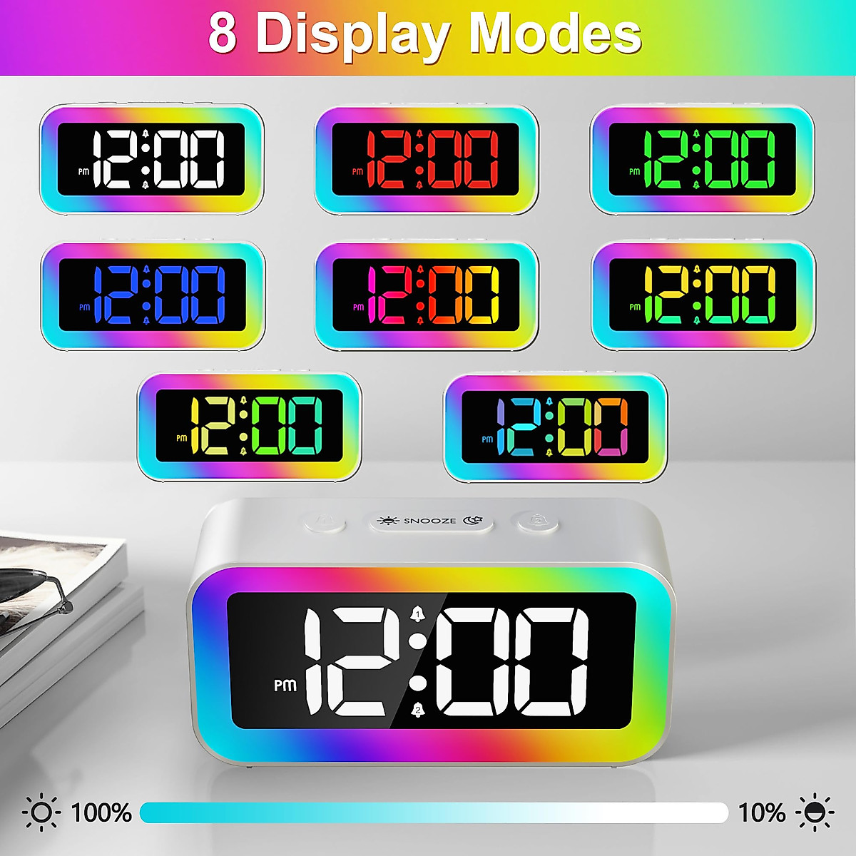 Colorful Nightlight LED Digital Alarm Clock with Super Loud Dual alarm, Weekday mode, Snooze, Dimmer, USB Charging Port for Livingroom, Bedroom, Bedside, Heavy Sleeper, Adult, Kid, Teens, gift, Silver