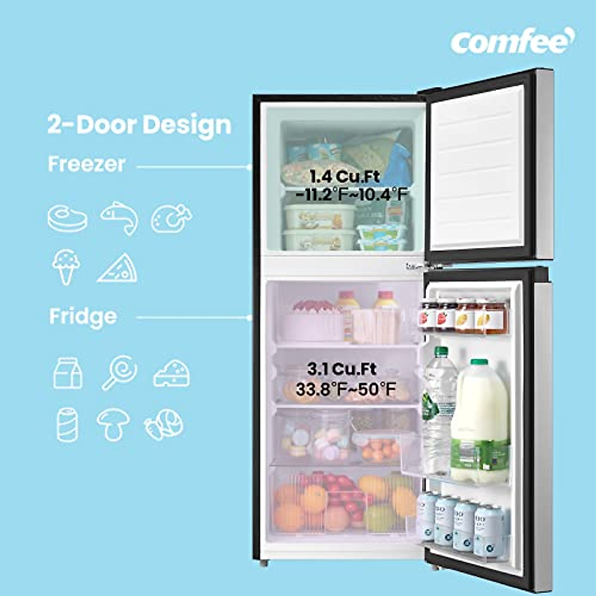 COMFEE' CRM45D3AST Cu Ft Double Door Refrigerator, 4.5 Cuft, Silver