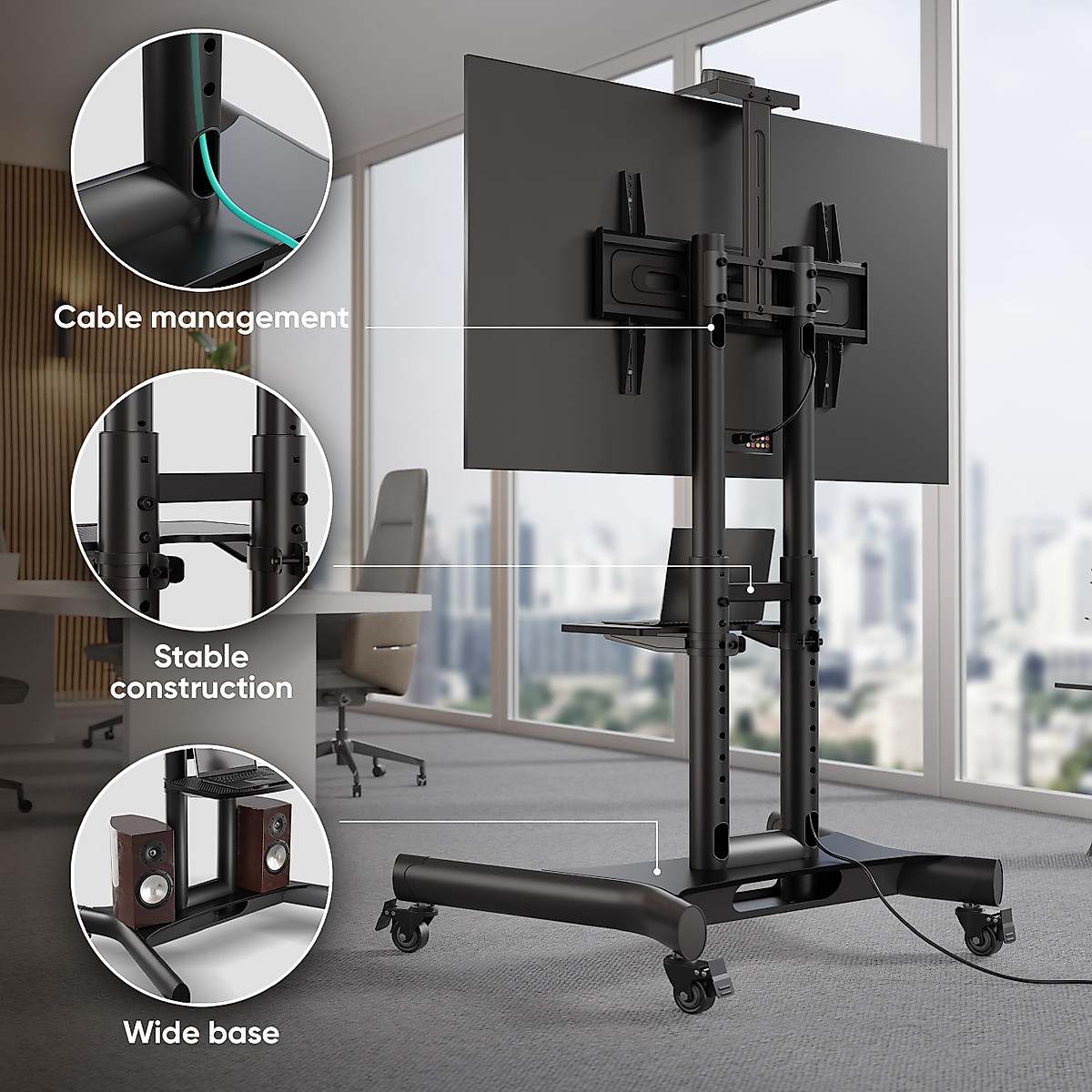 ONKRON Mobile TV Stand with Wheels Rolling TV Stand for 40-70 Inch LED LCD Flat or Curved Screen TVs up to 100 lbs - Height Adjustable TV Cart with Shelves - Portable TV Stand (TS1551) Black