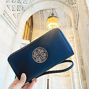 Rebecca & Rifka Women's Large Saffiano Vegan Leather Medallion Zip Around Multi Holder Organizer Wristlet Large Capacity Travel Clutch Wallet (Navy)